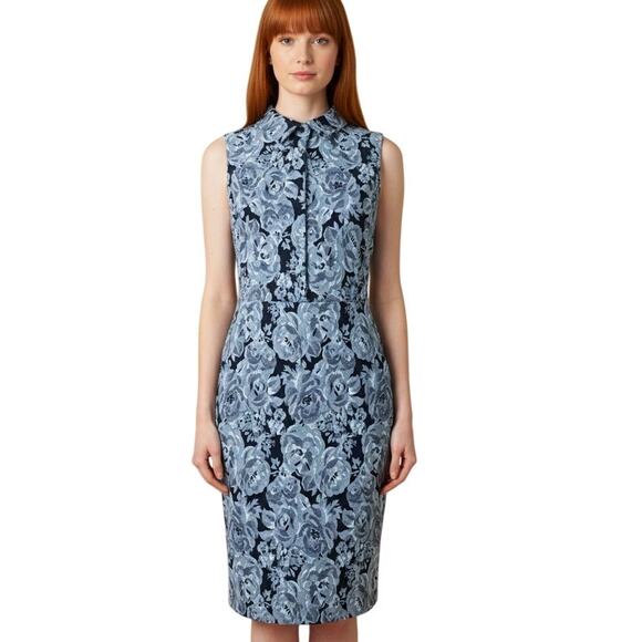 Badgley Mischka | Dresses | Badgley Mischka Blue Floral Jacquard Sheath ...